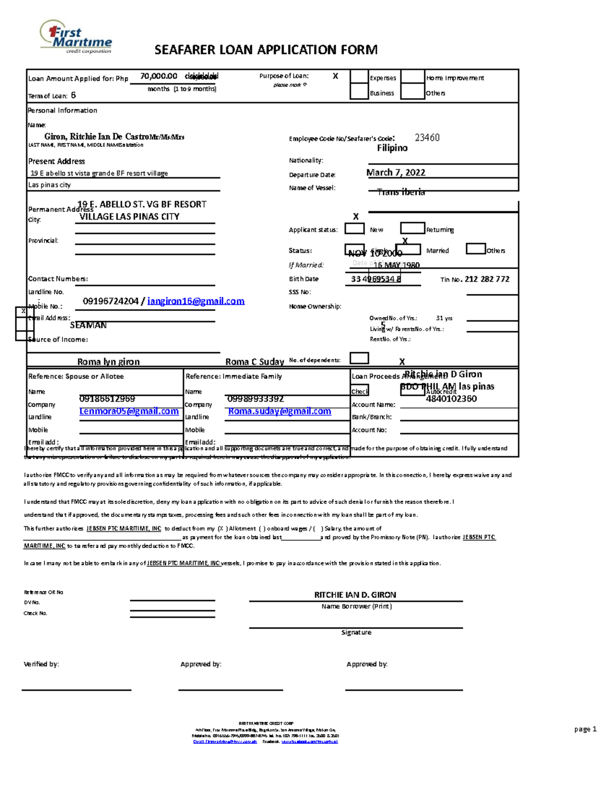 FMCC LOAN APPL FORM PG 1 - N/A - Loan Amount Applied for: Php Term of ...