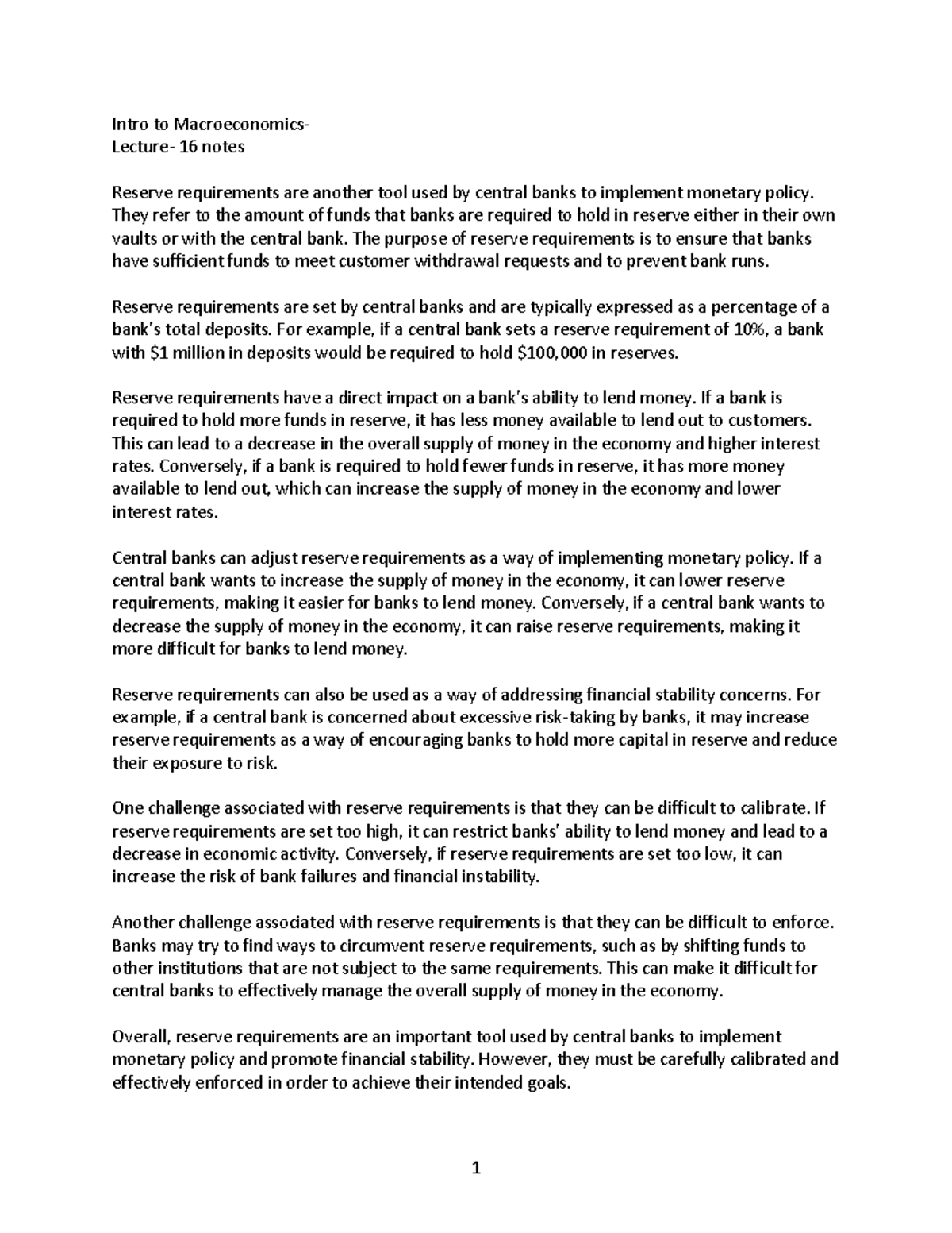 Intro To Macroeconomics Lecture 16 Notes 1 Intro To Macroeconomics Lecture 16 Notes Reserve