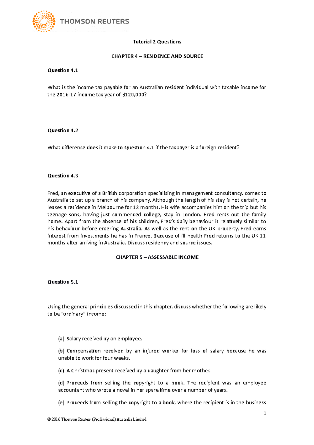 Tutorial 2 - Lecture notes 2 - Tutorial 2 Questions CHAPTER 4 ...
