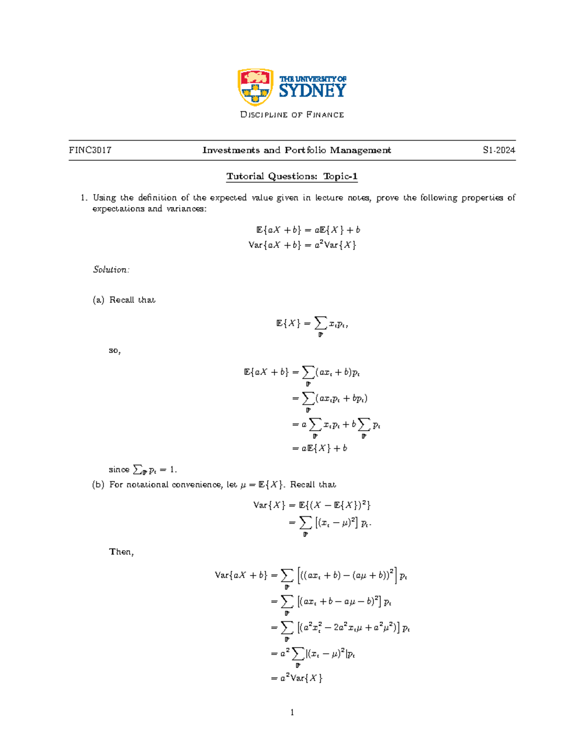 FINC3017 tut1Soln - Tutorial Solutions - Discipline of Finance FINC3017 Investments and ...