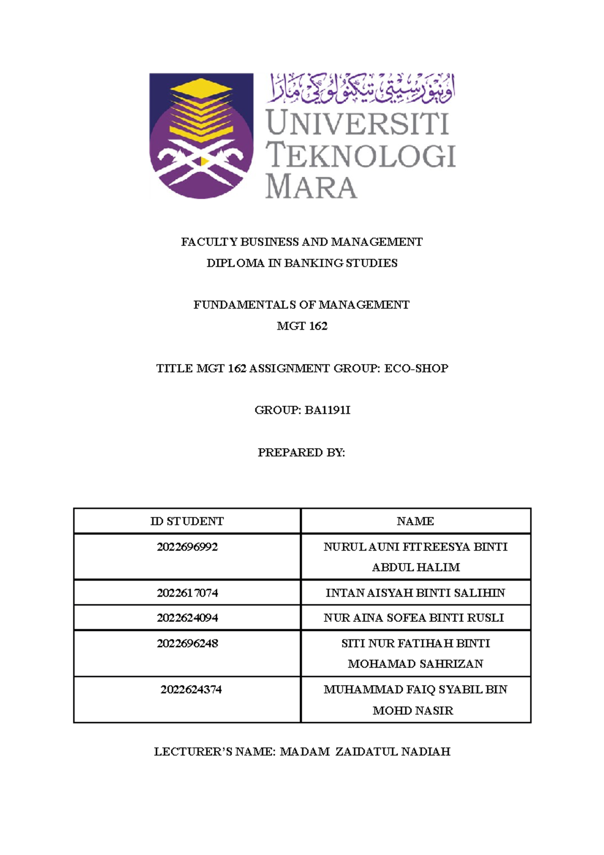MGT162 Assignment - FACULTY BUSINESS AND MANAGEMENT DIPLOMA IN BANKING ...