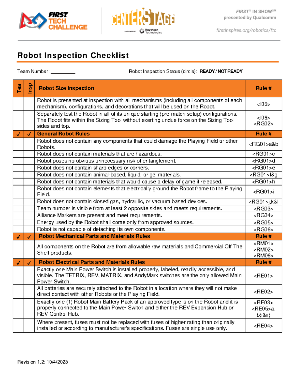 Robot-inspection-checklist - Revision 1. 2 : 10/4/ Robot Inspection Checklist Team Number ...