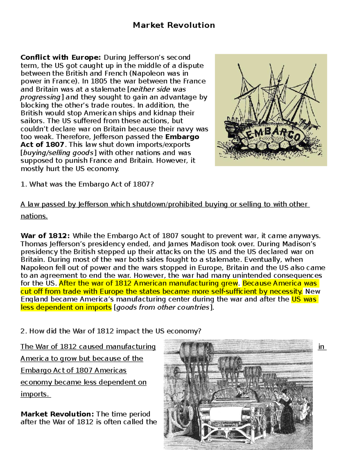 Market Revolution - us history - Market Revolution Conflict with Europe ...