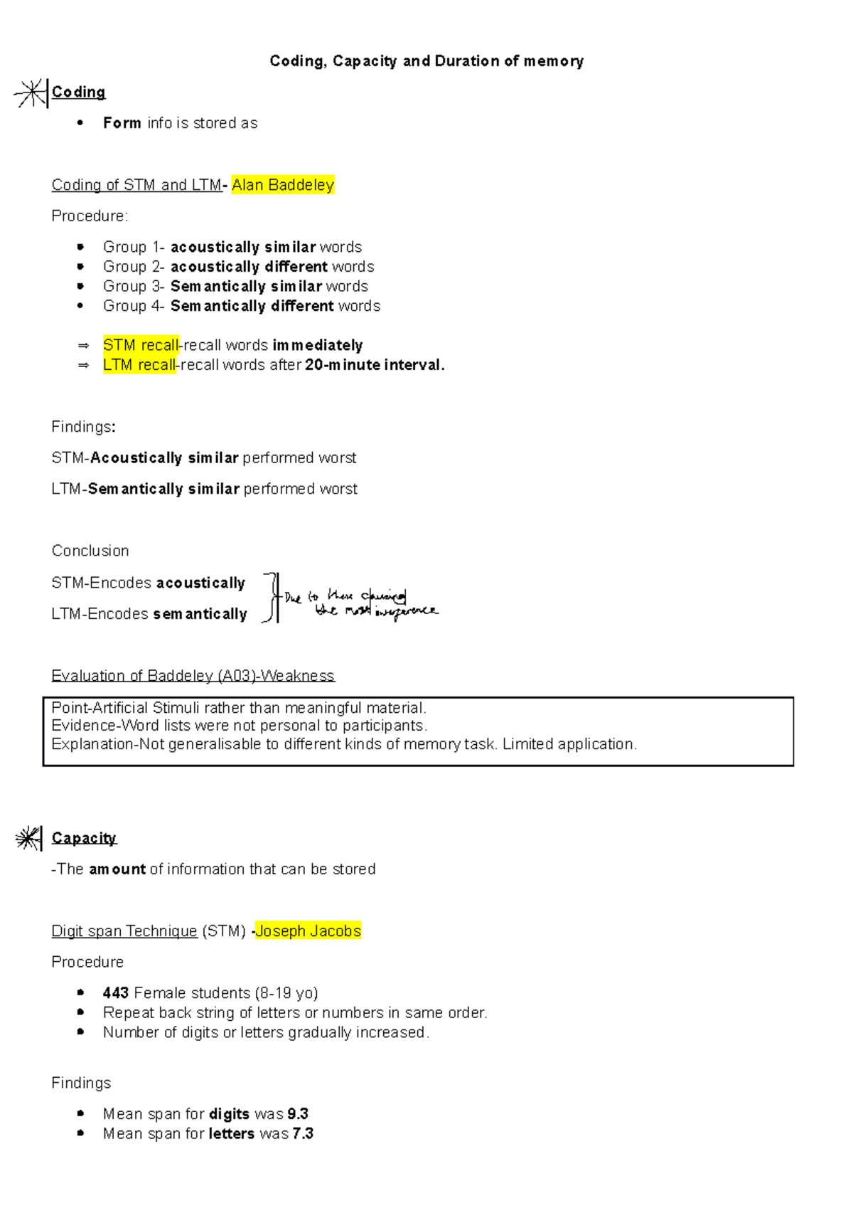 Memory - Grade: a* - Coding, Capacity and Duration of memory Coding ...