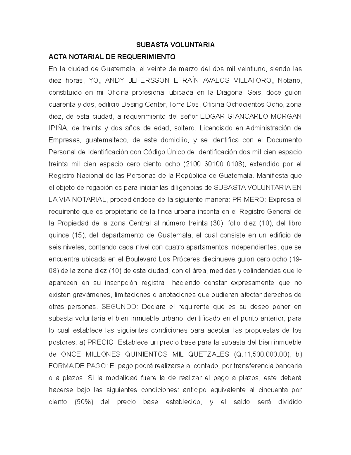 Subasta Voluntaria - SUBASTA VOLUNTARIA ACTA NOTARIAL DE REQUERIMIENTO ...