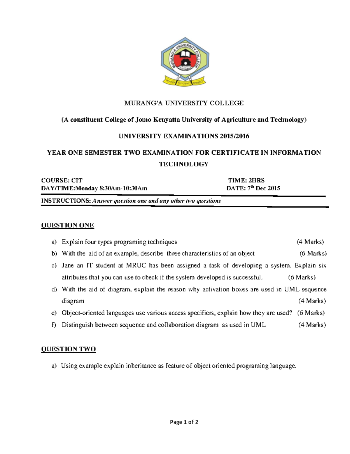 Cit O110 Object Oriented Design Concept Page 1 Of 2 Murang A University College A Constituent