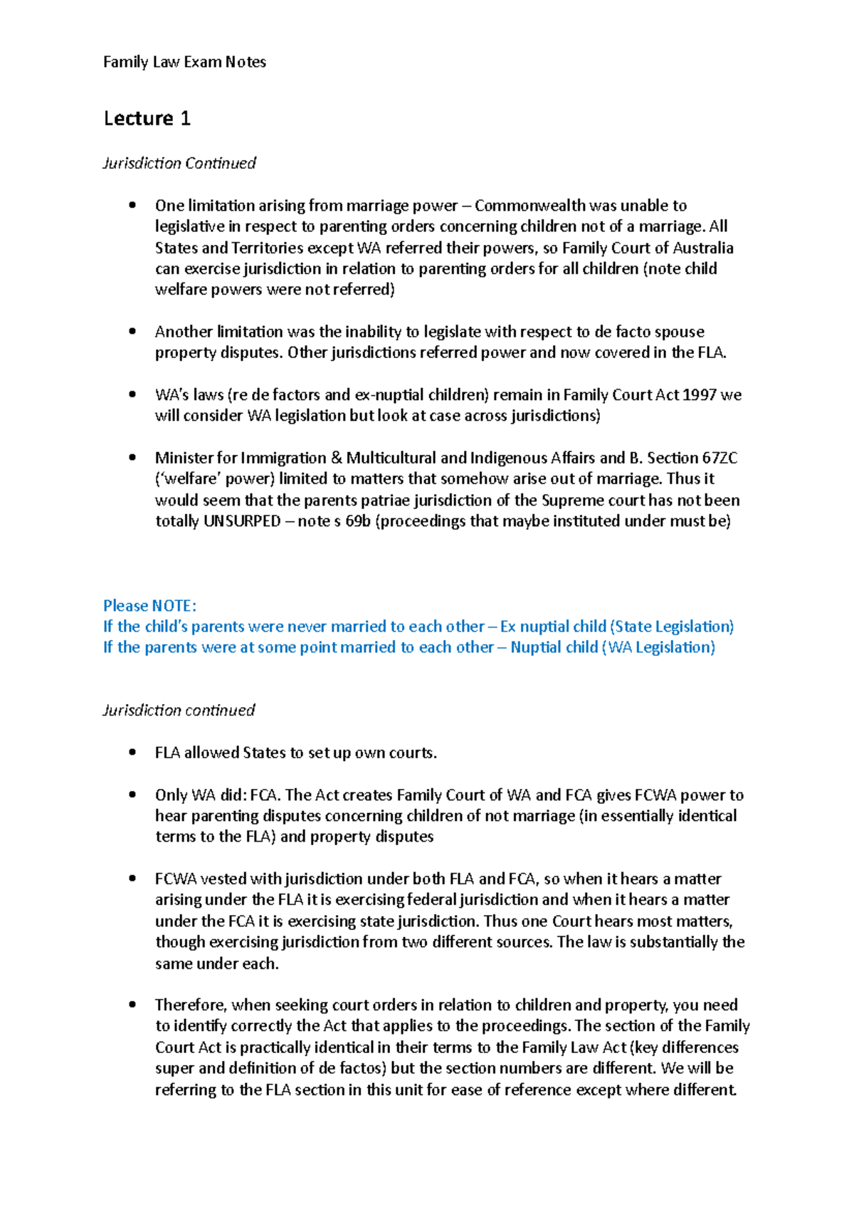 Family Law Notes Lecture 1 - LAW259 - Murdoch - Studocu