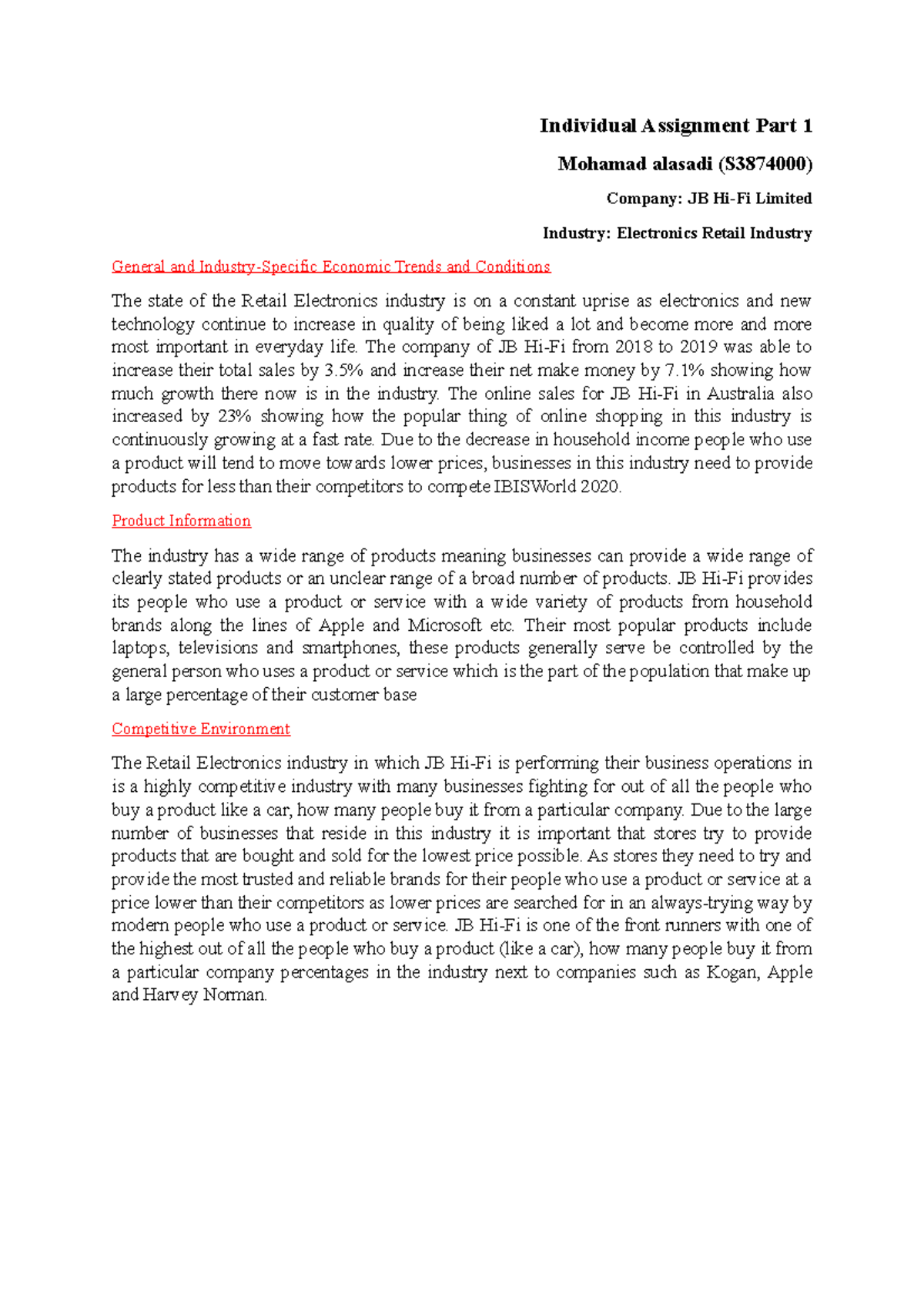 Auditing Assignment Part 1 - Individual Assignment Part 1 Mohamad alasadi (S3874000) Company: JB ...