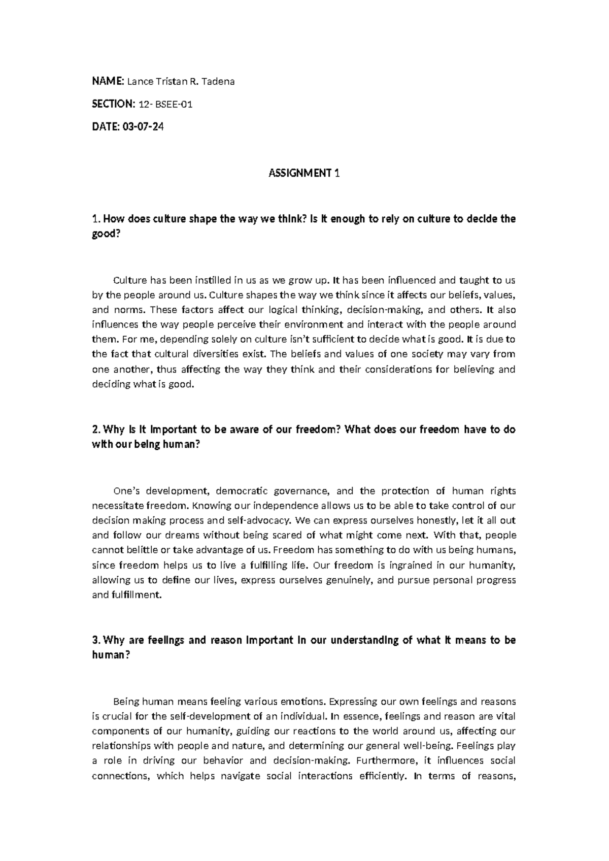 Block-1 Tadena [ Assignment 1] 12-BSEE-01 Tadena Assignment 1 - NAME ...
