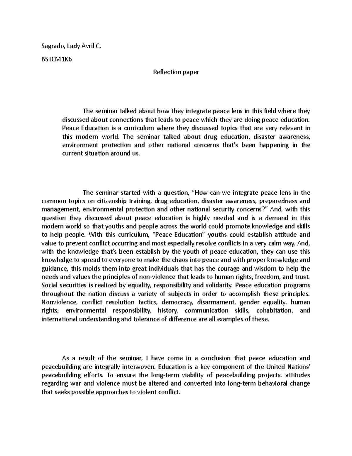 lecture notes sample - Sagrado, Lady Avril C. BSTCM1K Reflection paper ...