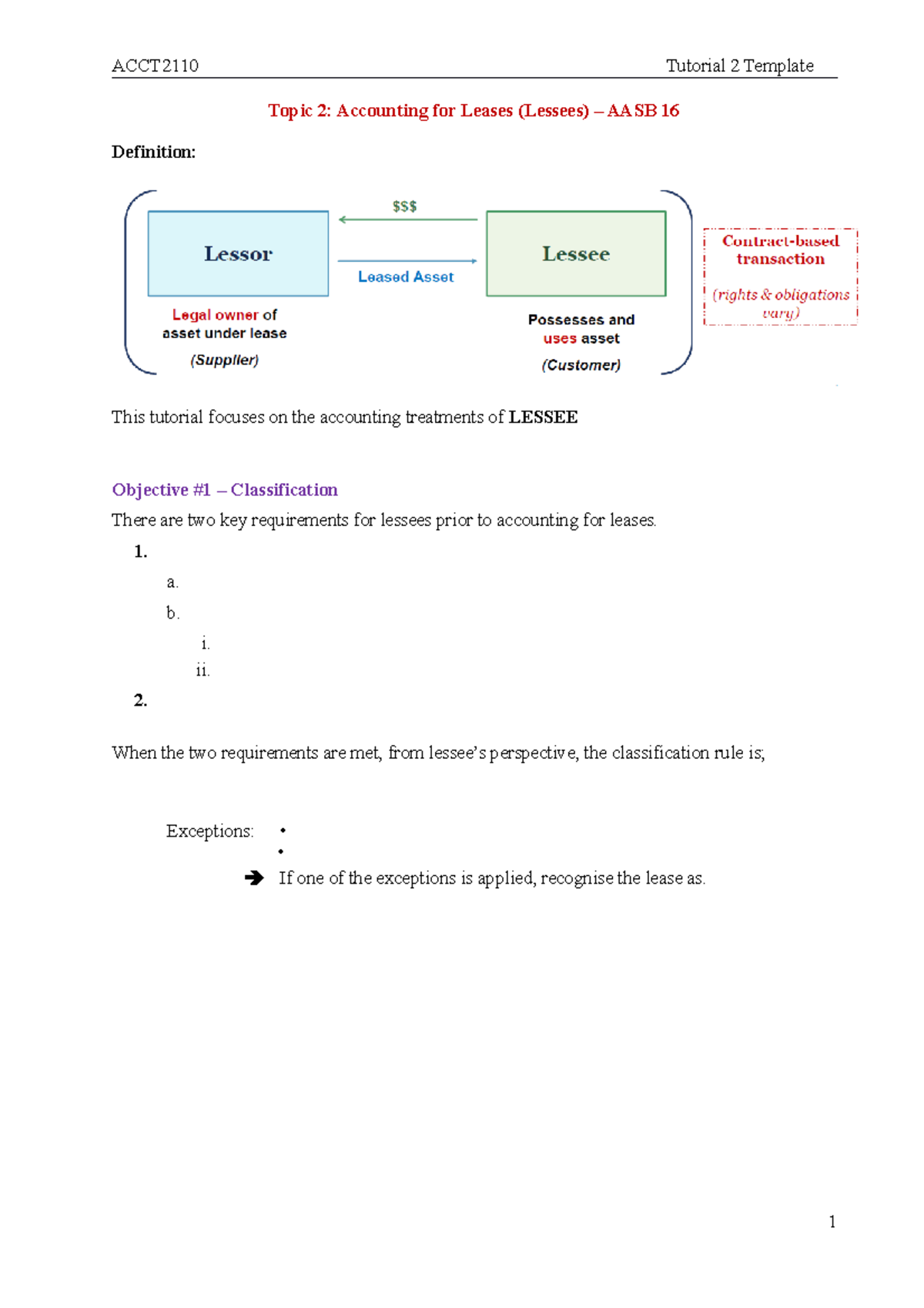 Tutorial 2 Template 2021 acct2110 week 2 - Topic 2: Accounting for Leases (Lessees) – AASB 16 ...