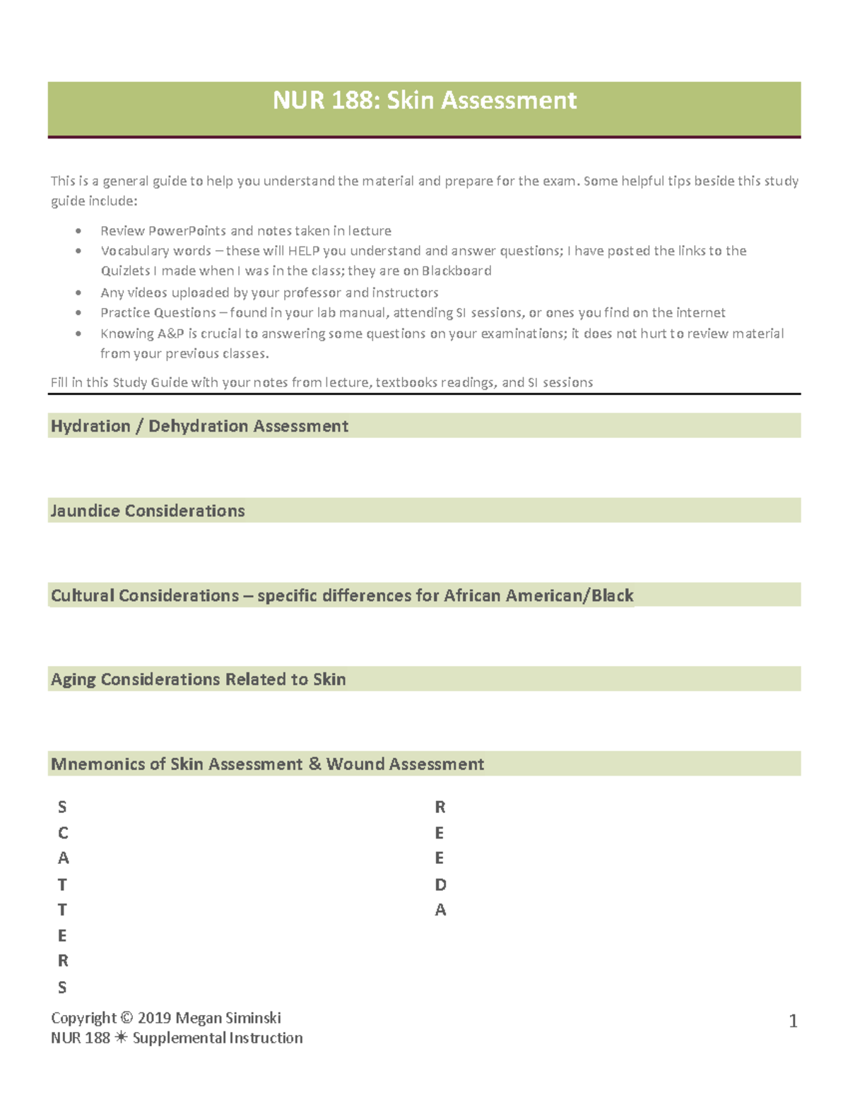 Skin Assessment - Copyright © 2019 Megan Siminski 1 NUR 188: Skin ...