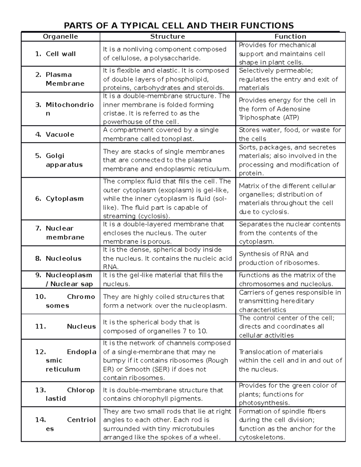 324880725 Parts of a cell - PARTS OF A TYPICAL CELL AND THEIR FUNCTIONS Organelle Structure ...