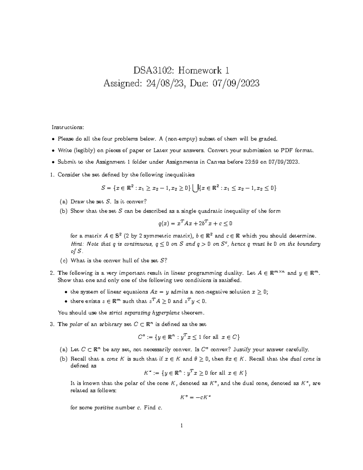 Homework 1 - DSA3102: Homework 1 Assigned: 24/08/23, Due: 07/09/ Instructions: Please do all the ...