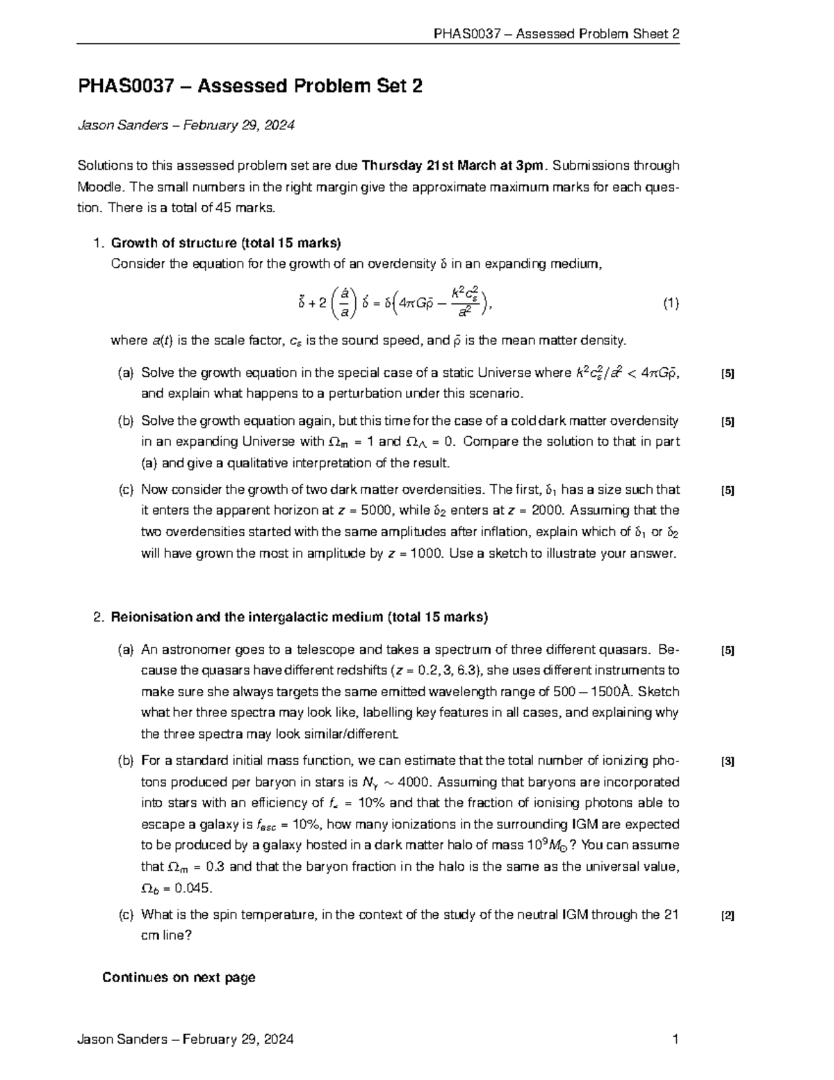 Assessed problem sheet 2 - PHAS0037 – Assessed Problem Sheet 2 PHAS0037 – Assessed Problem Set 2 ...