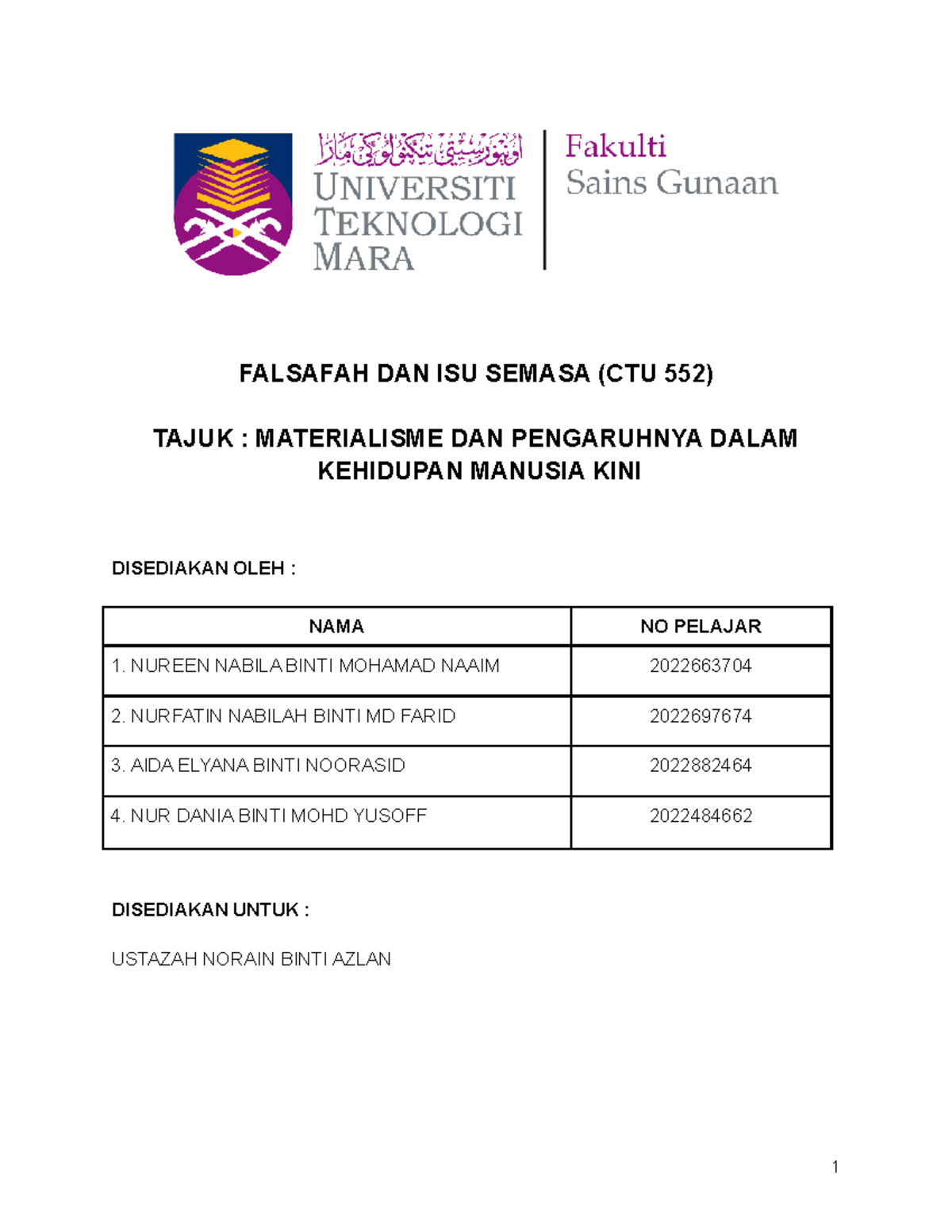 CTU552 materialisme - FALSAFAH DAN ISU SEMASA (CTU 552) TAJUK : MATERIALISME DAN PENGARUHNYA ...