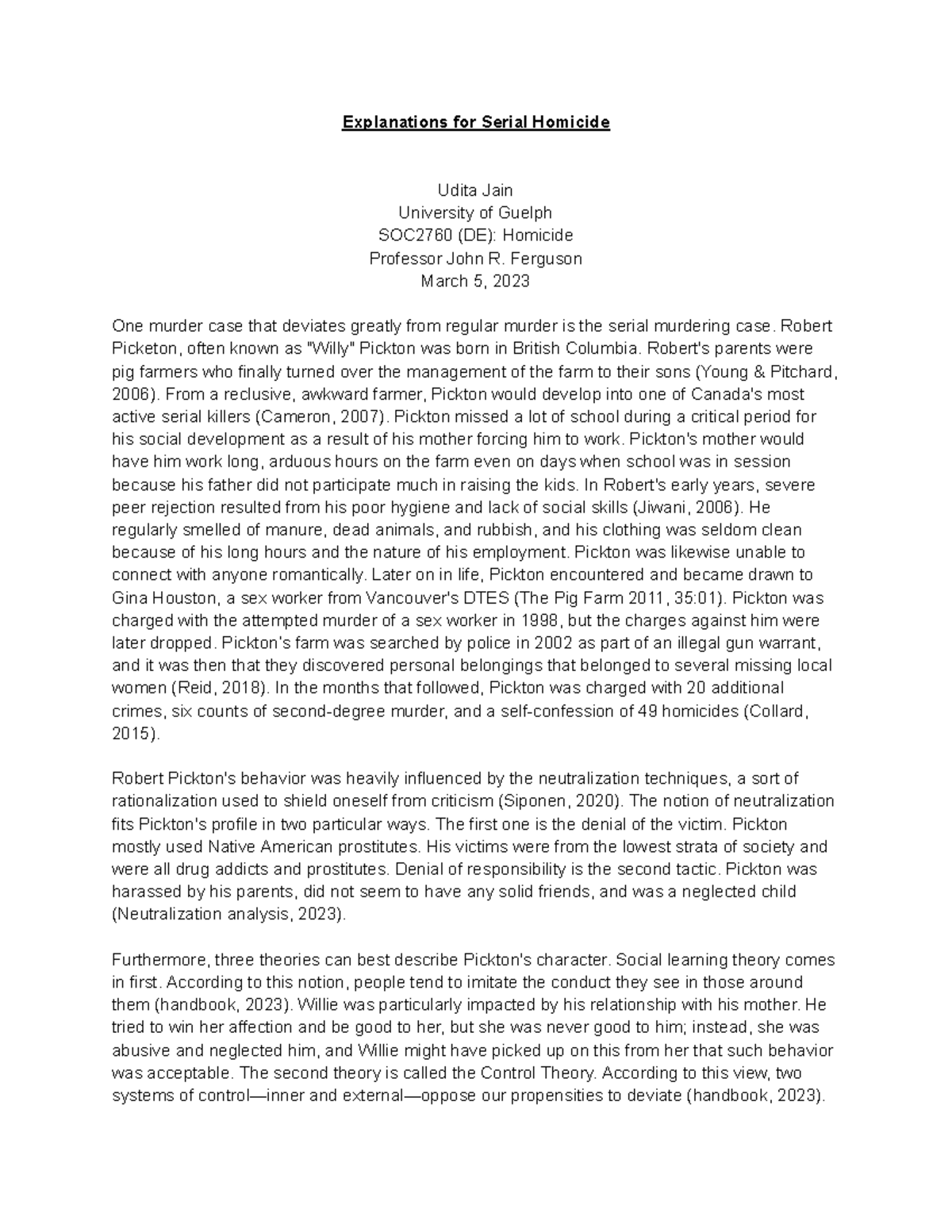 Soc2760 assignment 2 - Notes - Explanations for Serial Homicide Udita ...