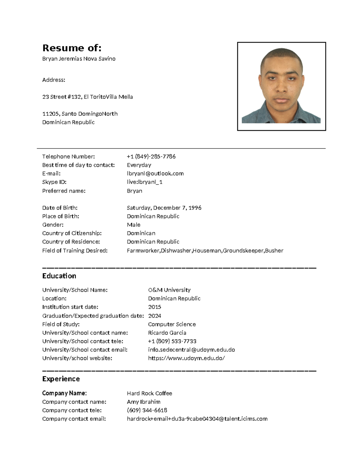 MTL - CV Template (please download & save before use) - Resume of: Bryan Jeremias Nova Savino ...