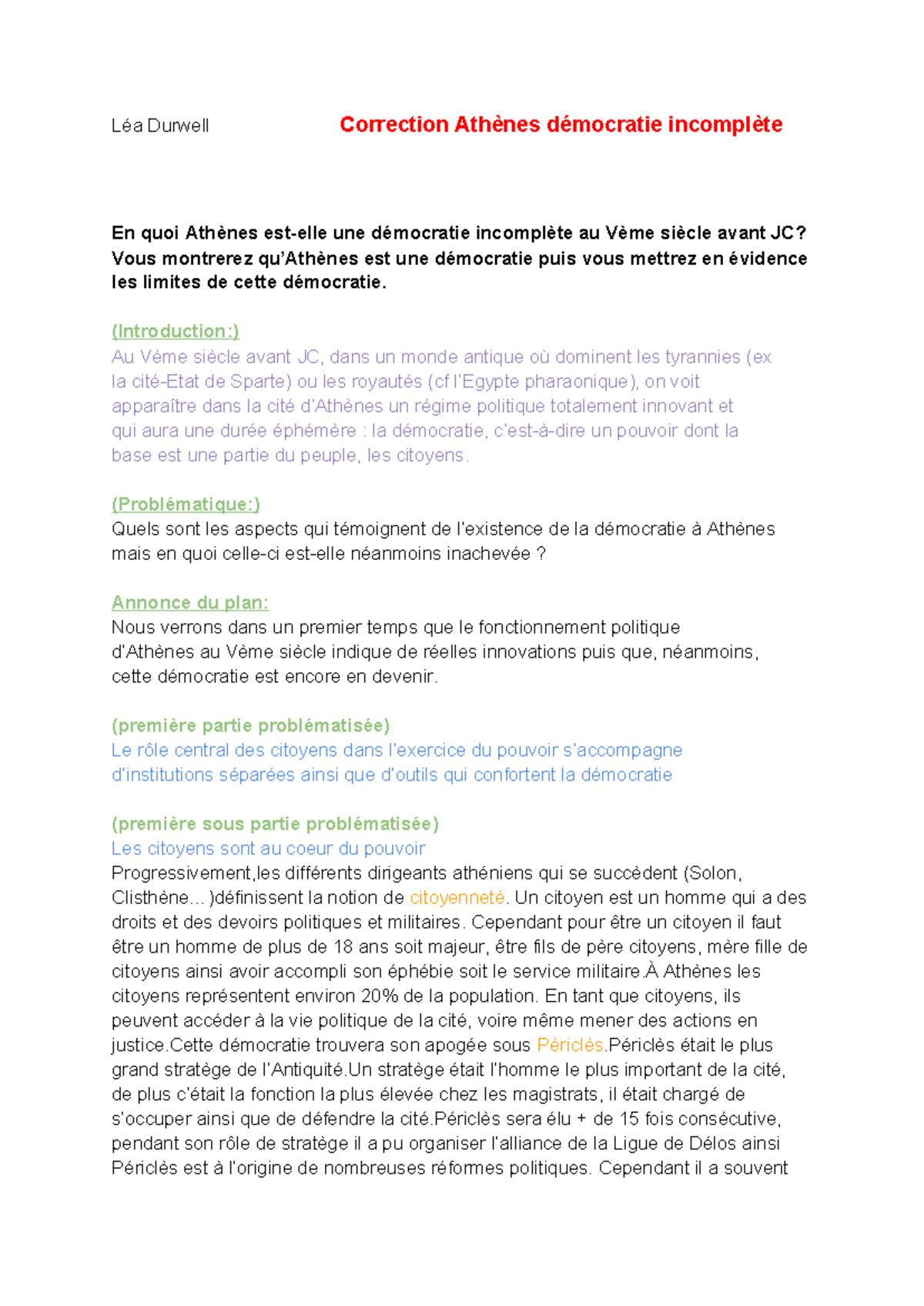Dst histoire Athènes - Léa Durwell Correction Athènes démocratie incomplète En quoi Athènes est ...