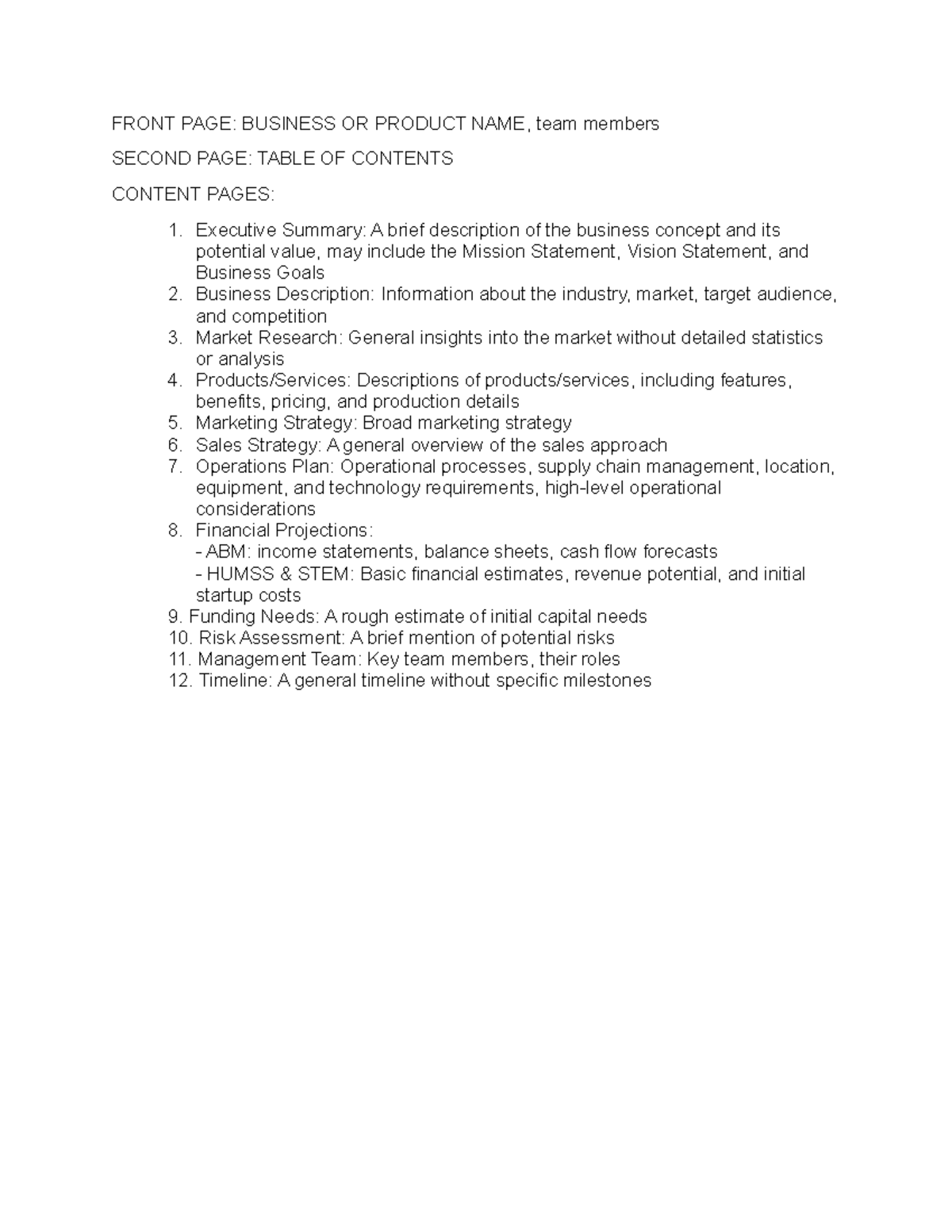Businessplan output format - FRONT PAGE: BUSINESS OR PRODUCT NAME, team ...