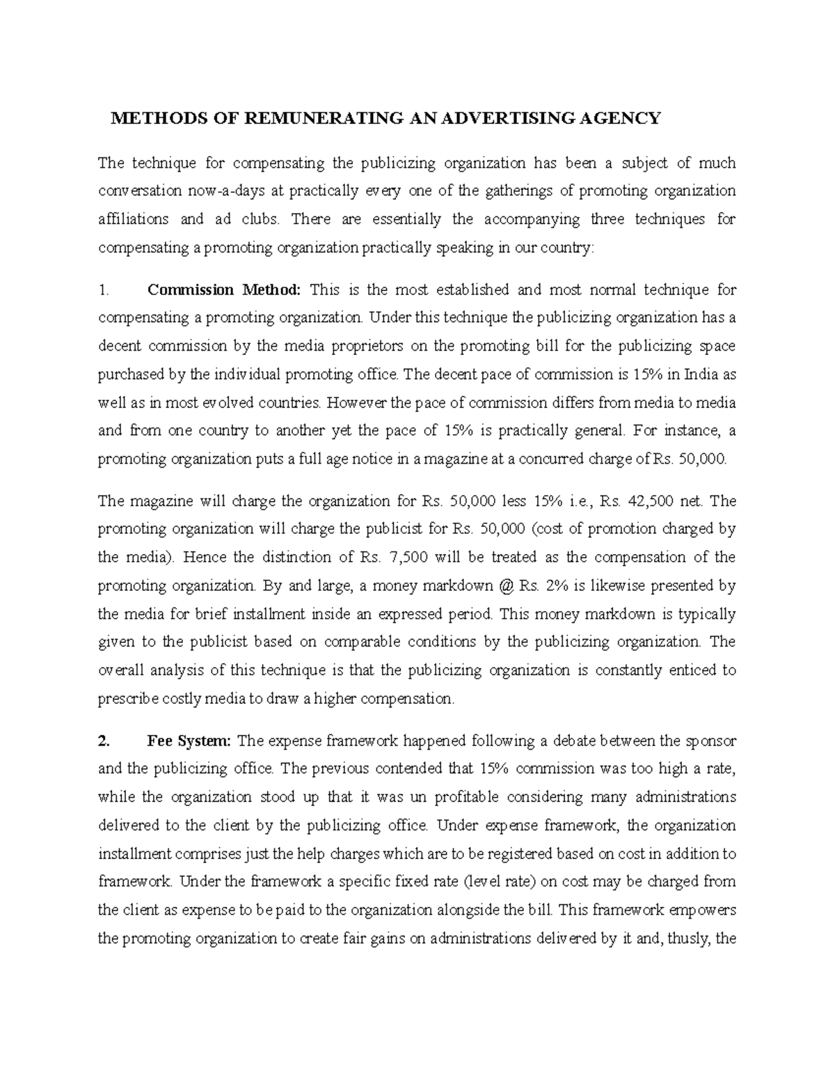 Methods of Remunerating an Advertising Agency - METHODS OF REMUNERATING ...