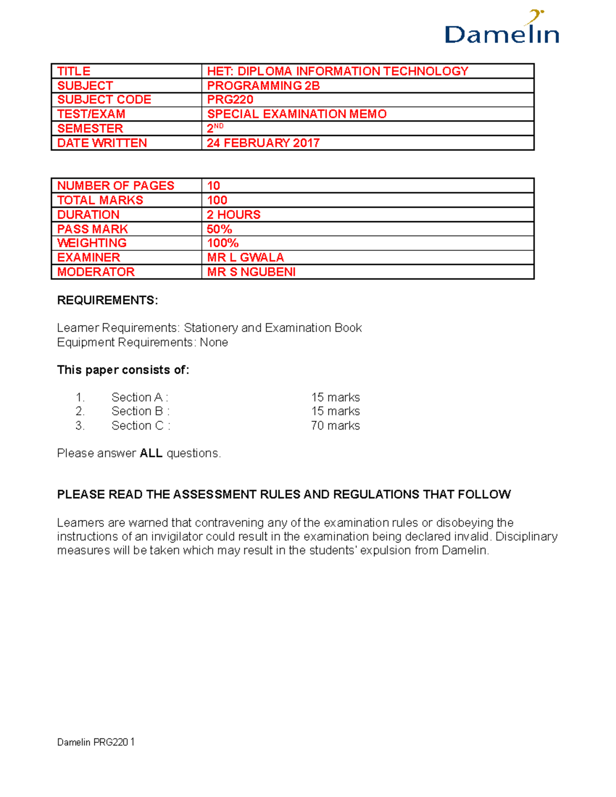 Programming 2B Special Exam Memo - TITLE HET: DIPLOMA INFORMATION ...