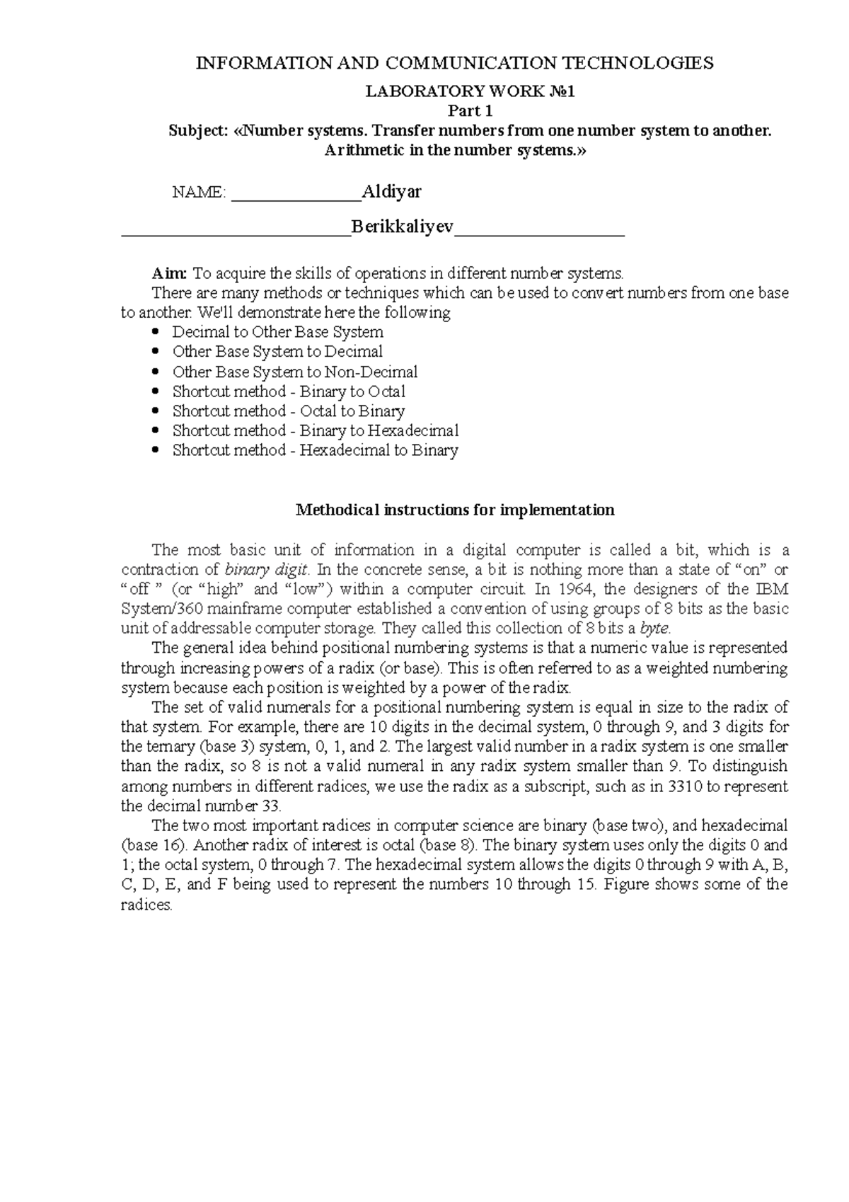 ICT Lab 1 HW - ICT Lab 1 HW - LABORATORY WORK No Part 1 Subject ...