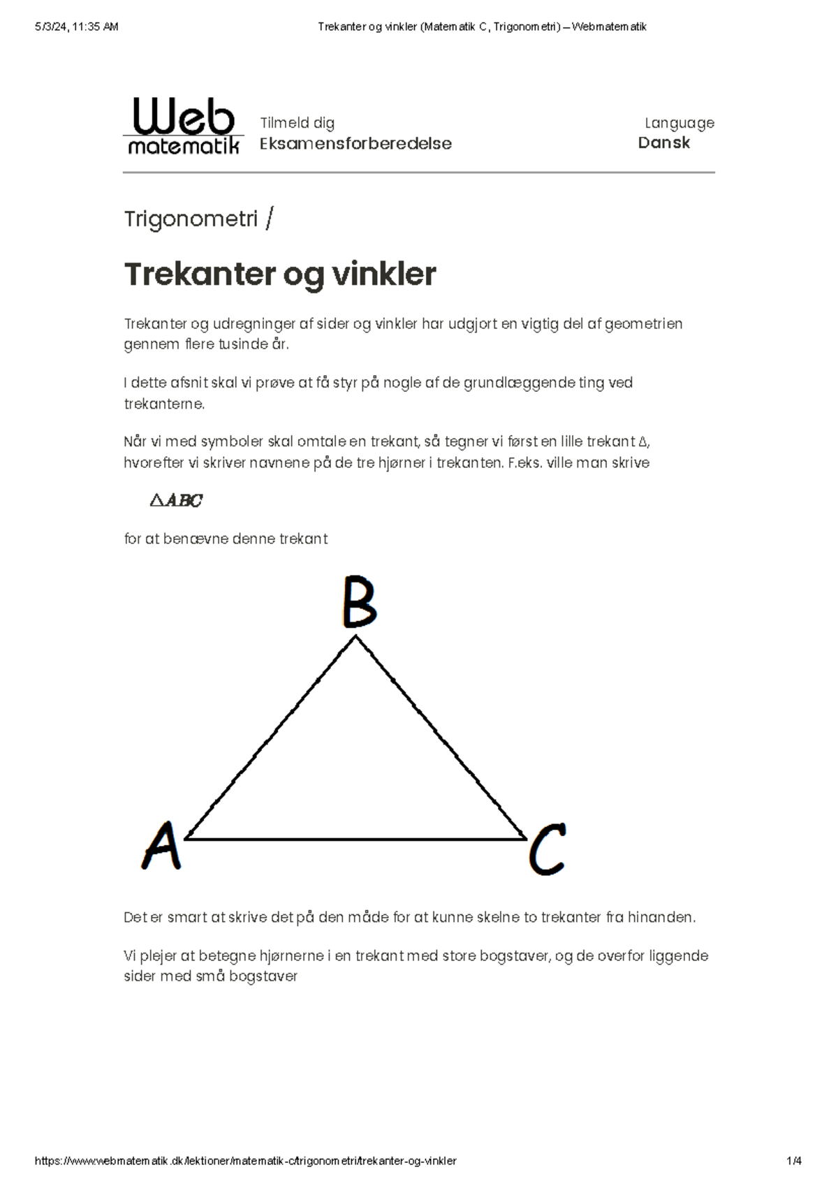 Trekanter og vinkler (Matematik C, Trigonometri) – Webmatematik - Trigonometri / Trekanter og ...