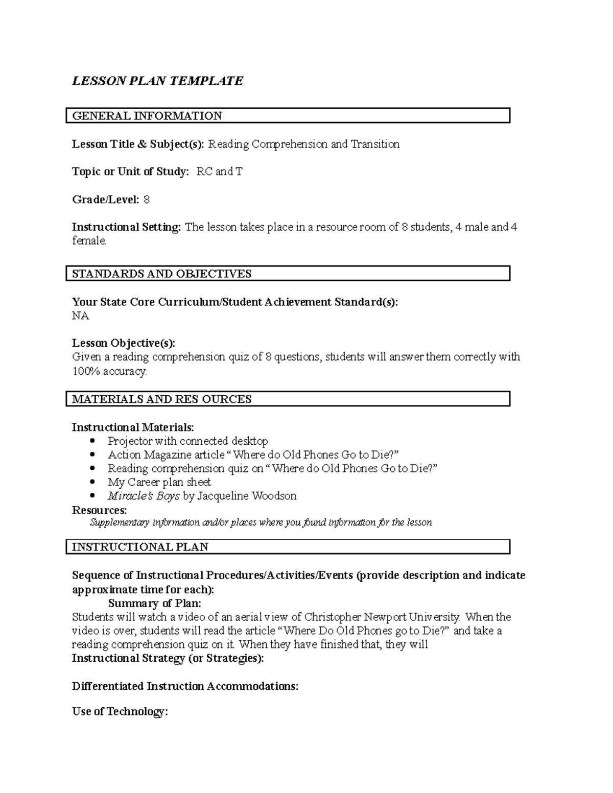 B4 lesson plan 2018 10 12 - LESSON PLAN TEMPLATE GENERAL INFORMATION ...