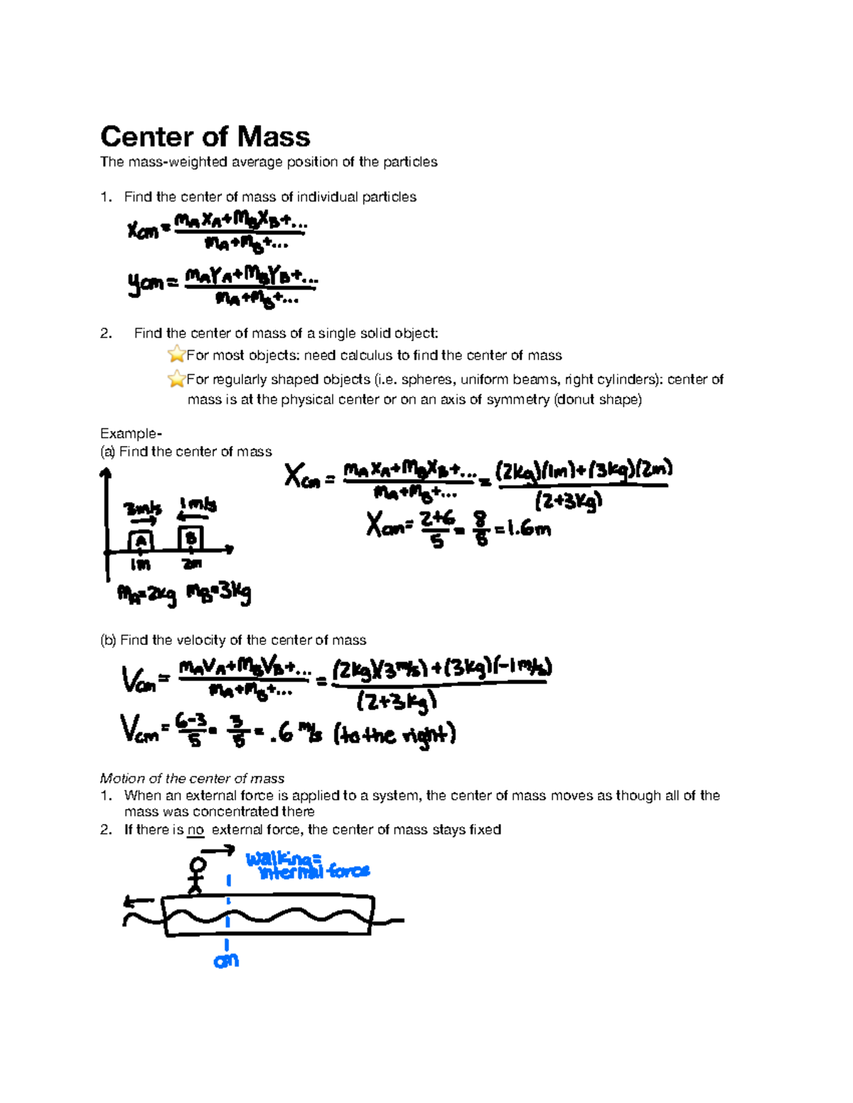 Center of Mass - Class notes from lecture from teacher Mr. Schmidt (a ...