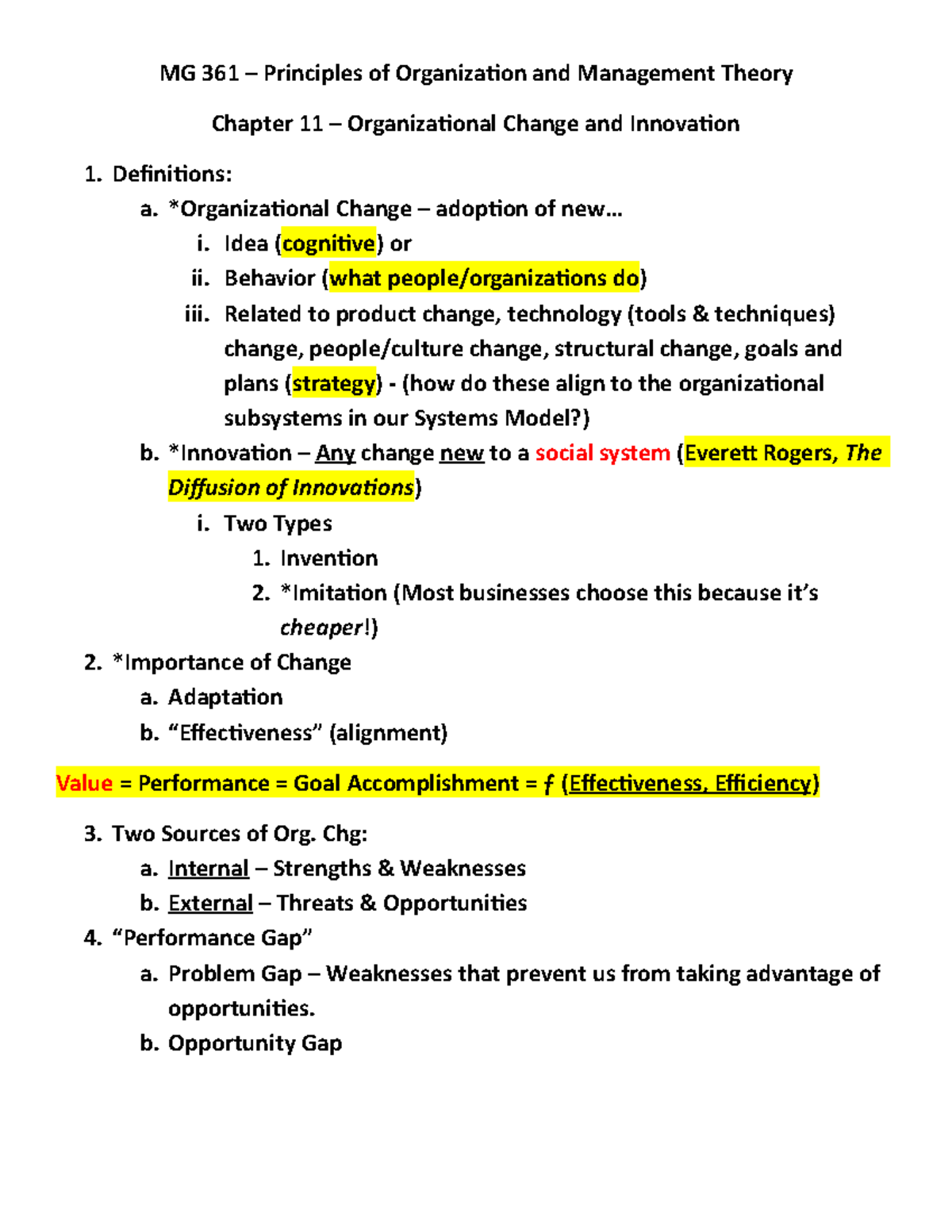 Chapter 11 Outline - MG 361 Principles of Organization and Management ...
