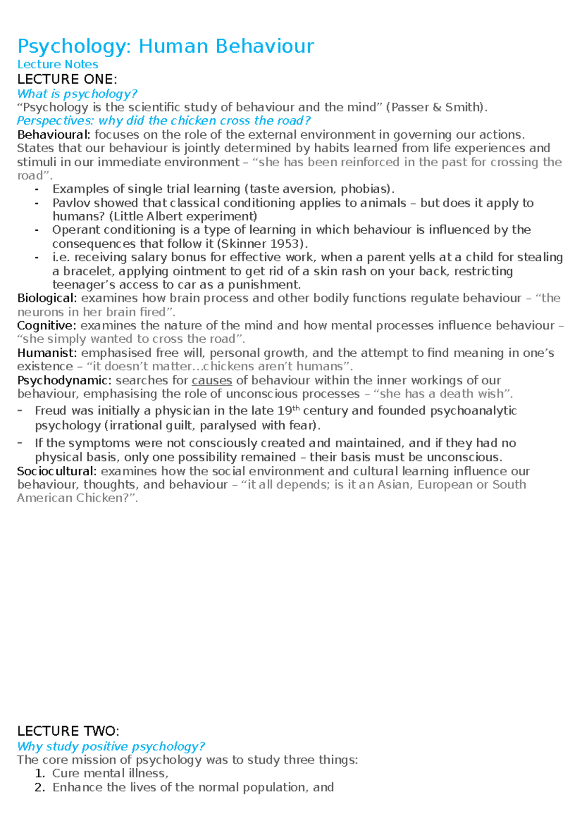 Psychology- human behaviour lecture notes - Psychology: Human Behaviour ...