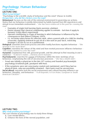 Psychology Human Behaviour - WEEK 1 - INTRODUCTION AND OVERVIEW Psychodynamic perspective → ...