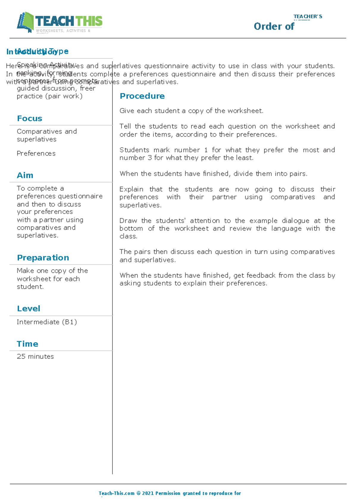 Order-of-preference Comparatives - TEACHER’S NOTES Order of Preference ...