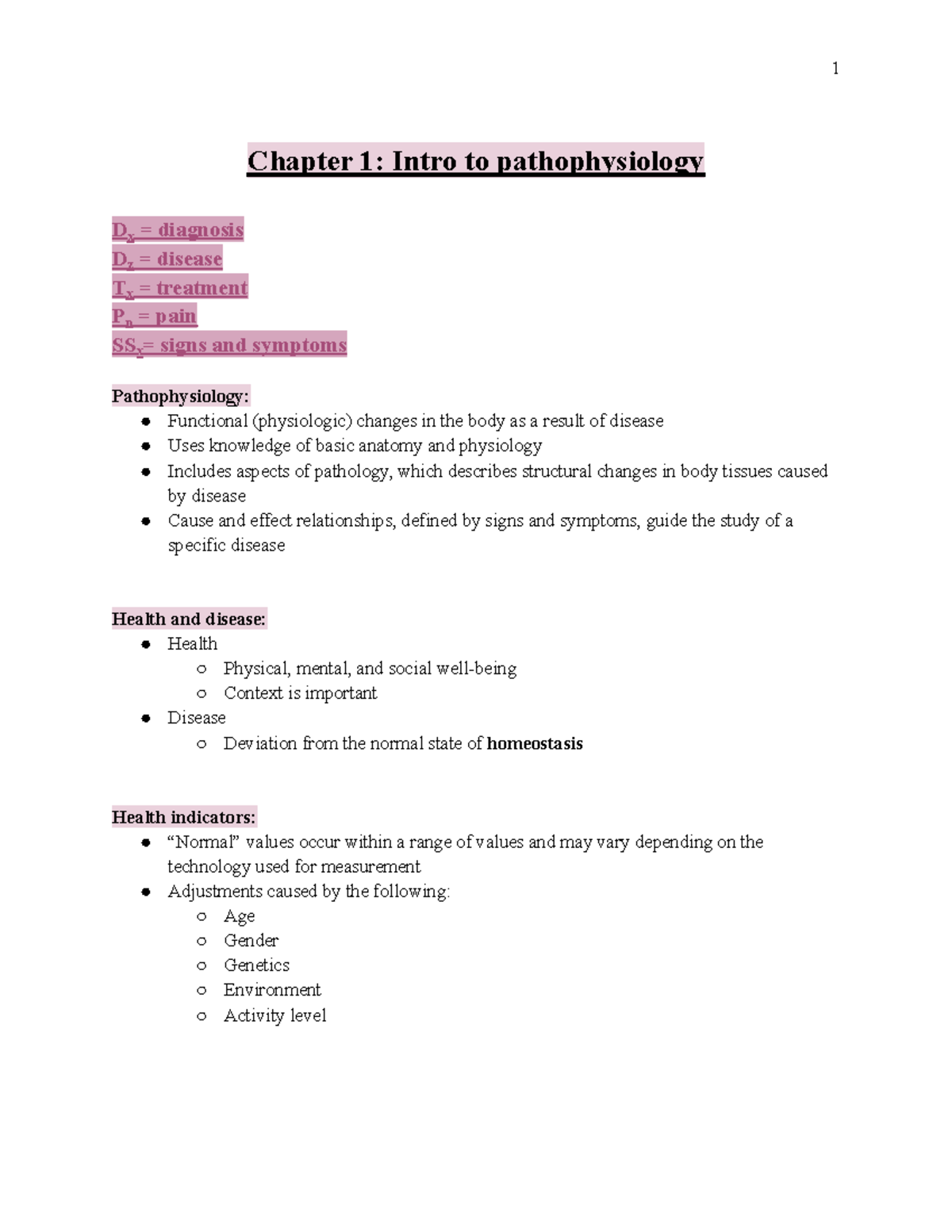 BMS 211 lecture notes - Chapter 1: Intro to pathophysiology Dx ...