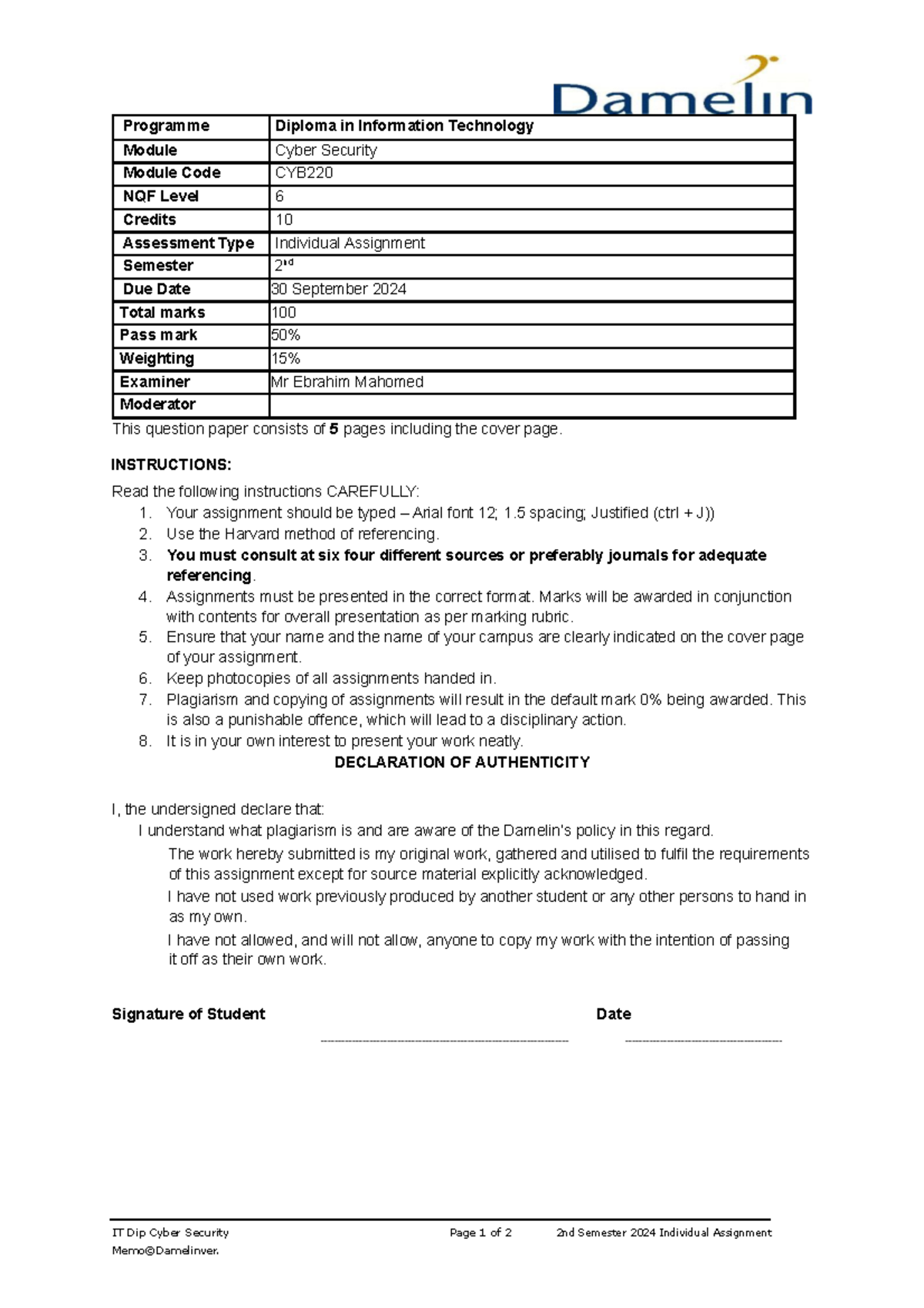 Cyber security individual Assignment 2024 - IT Dip Cyber Security Page ...