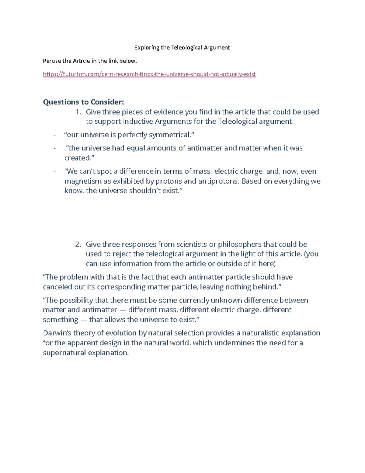 Exploring the Teleological Argument - - Studocu