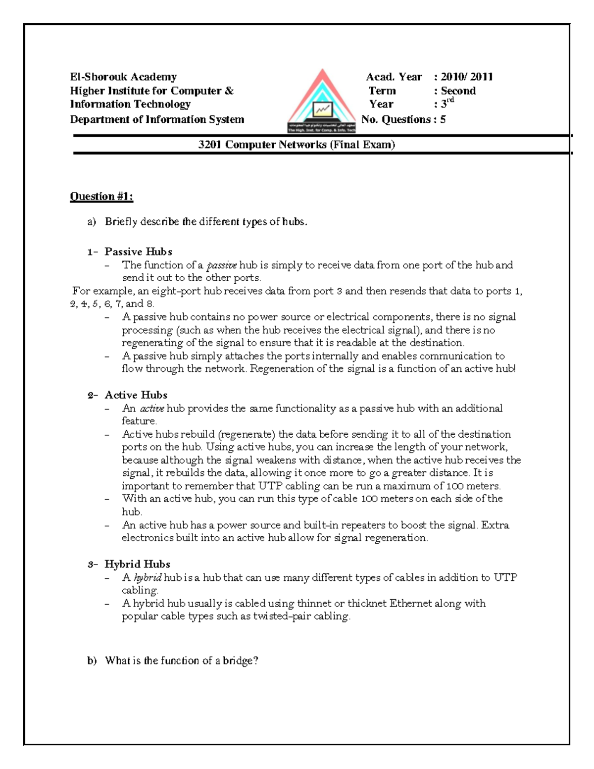 Computer Networks (Final Exam)-(2010-2011 )-Model Answer - El-Shorouk ...