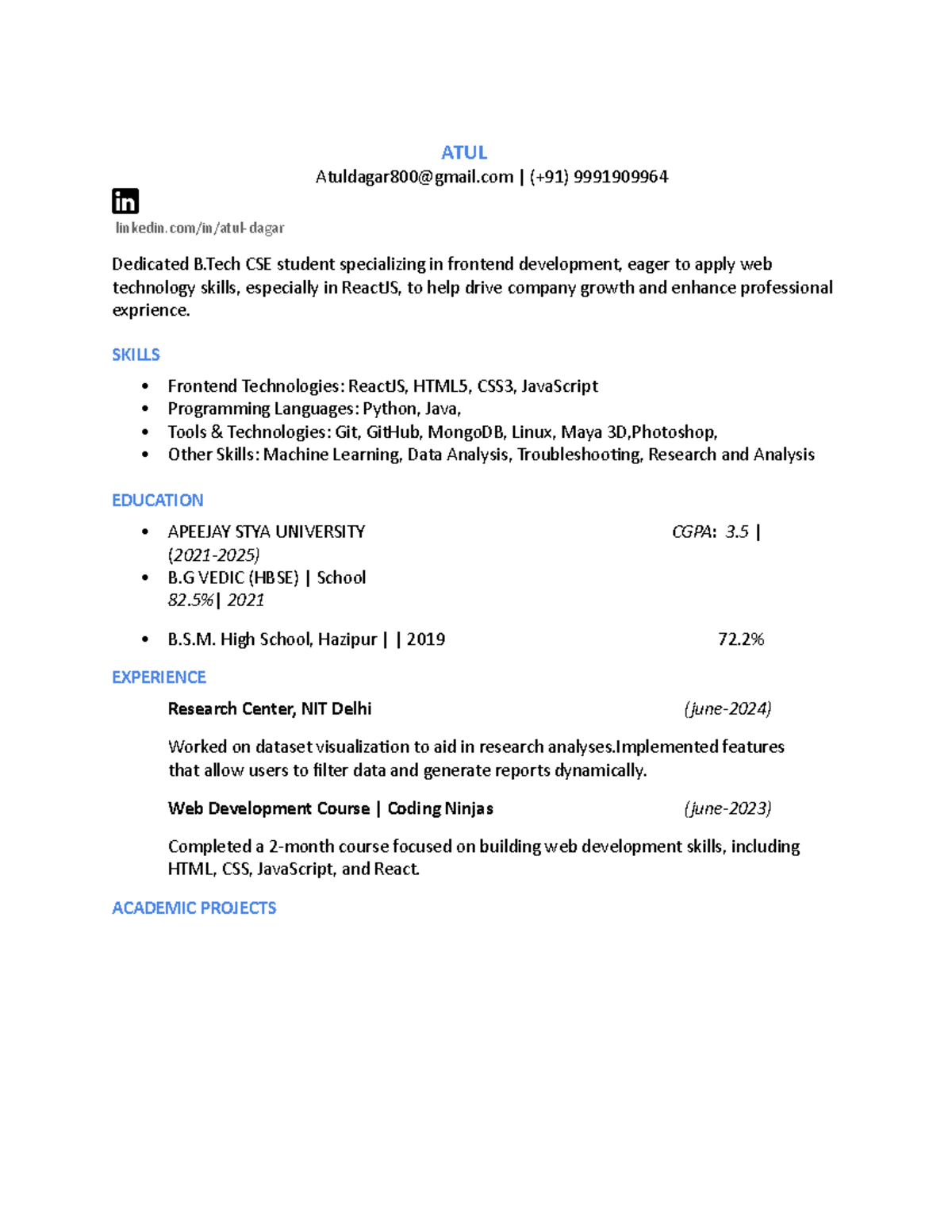 ATUL Resume Latest-1 - Dhjejejejjd - ATUL Atuldagar800@gmail | (+91 ...