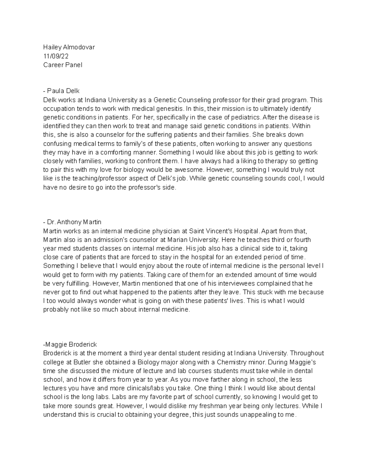 Career panel 11-9 - Hailey Almodovar 11/09/ Career Panel Paula Delk ...