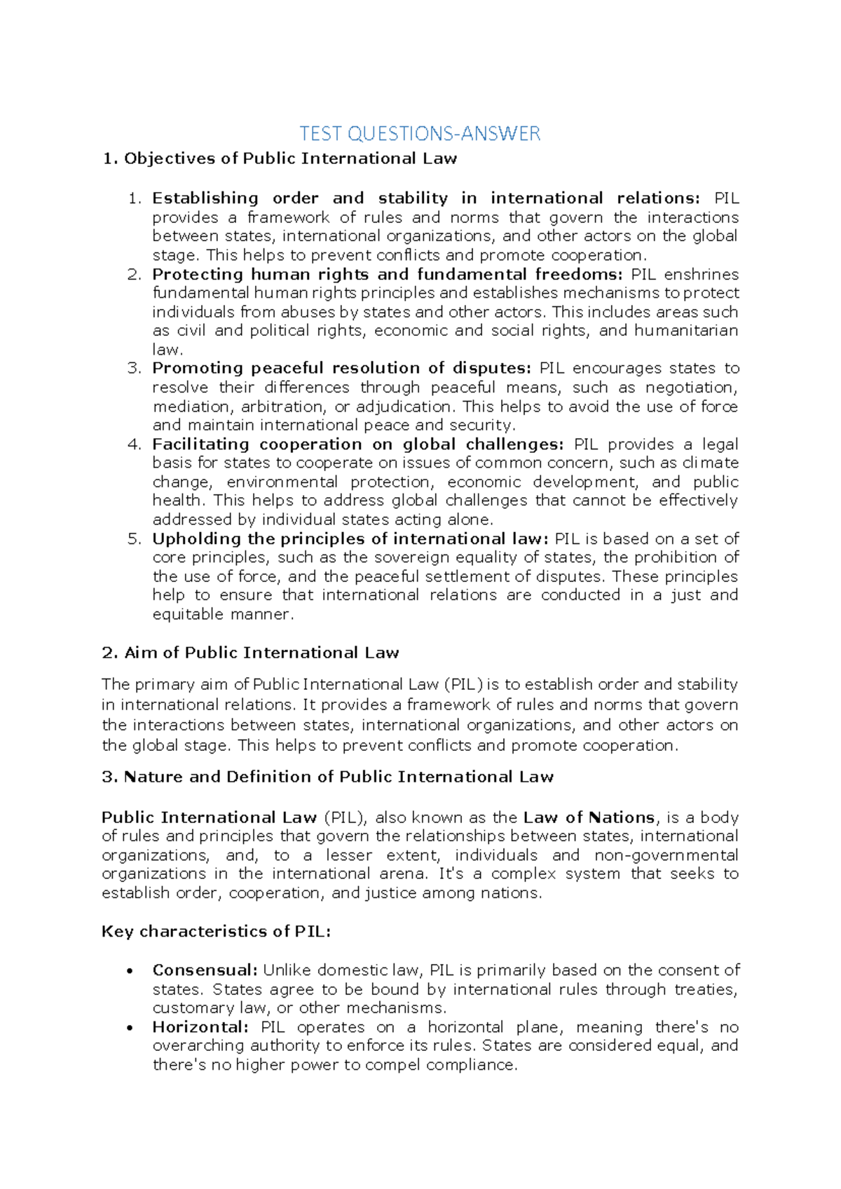 PIL Test Ans - PIL Test - TEST QUESTIONS-ANSWER Objectives of Public ...
