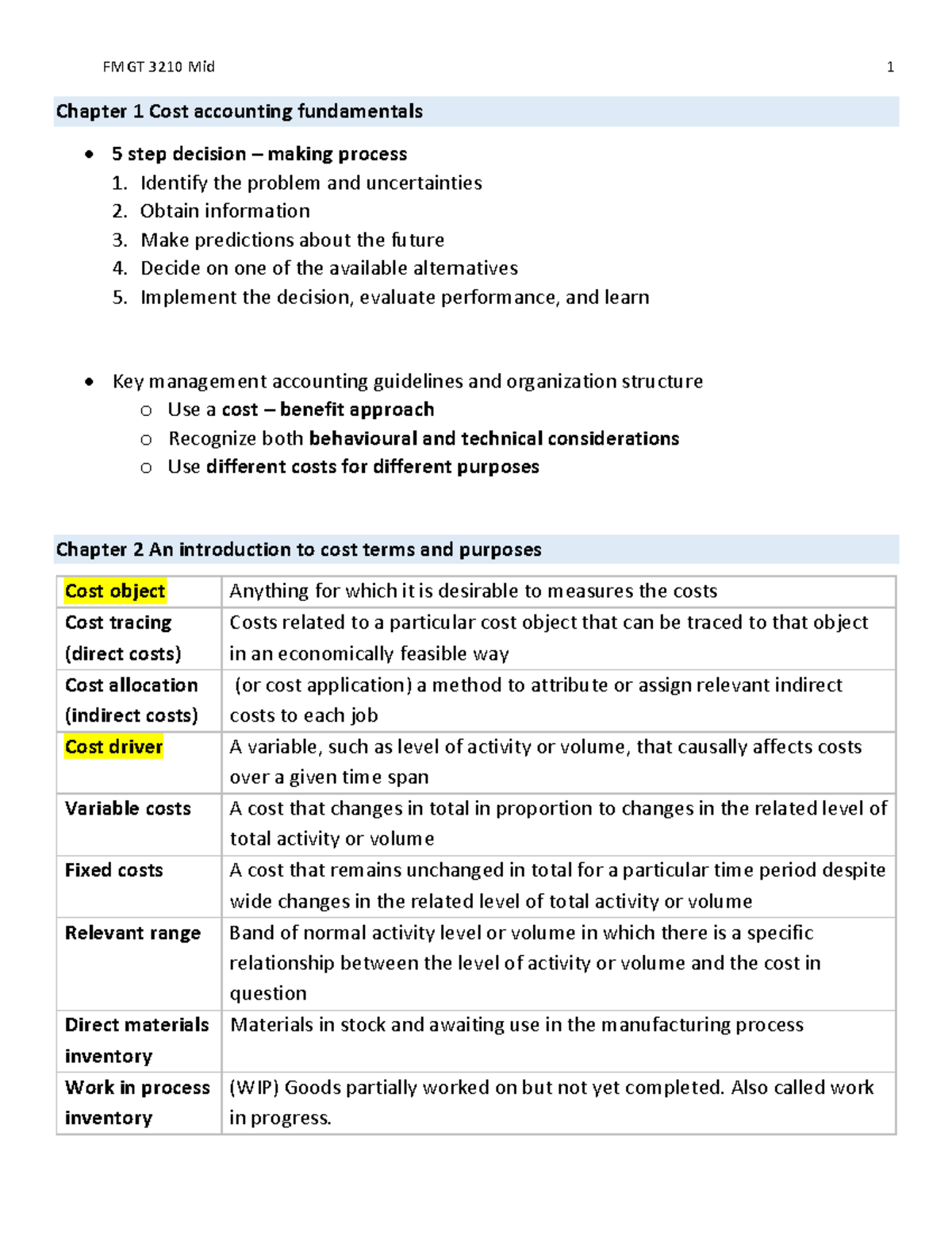 3210 Mid - midterm review - Chapter 1 Cost accounting fundamentals 5 step decision – making ...