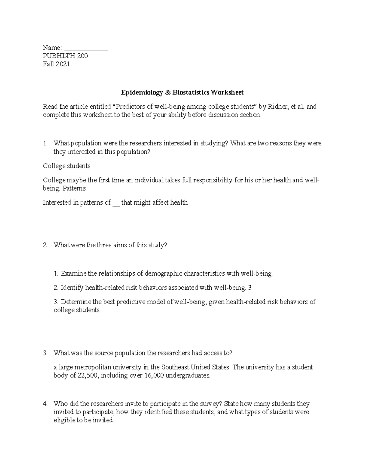 Epidemiology and Biostatistics Worksheet F21 - Name: PUBHLTH 200 Fall ...