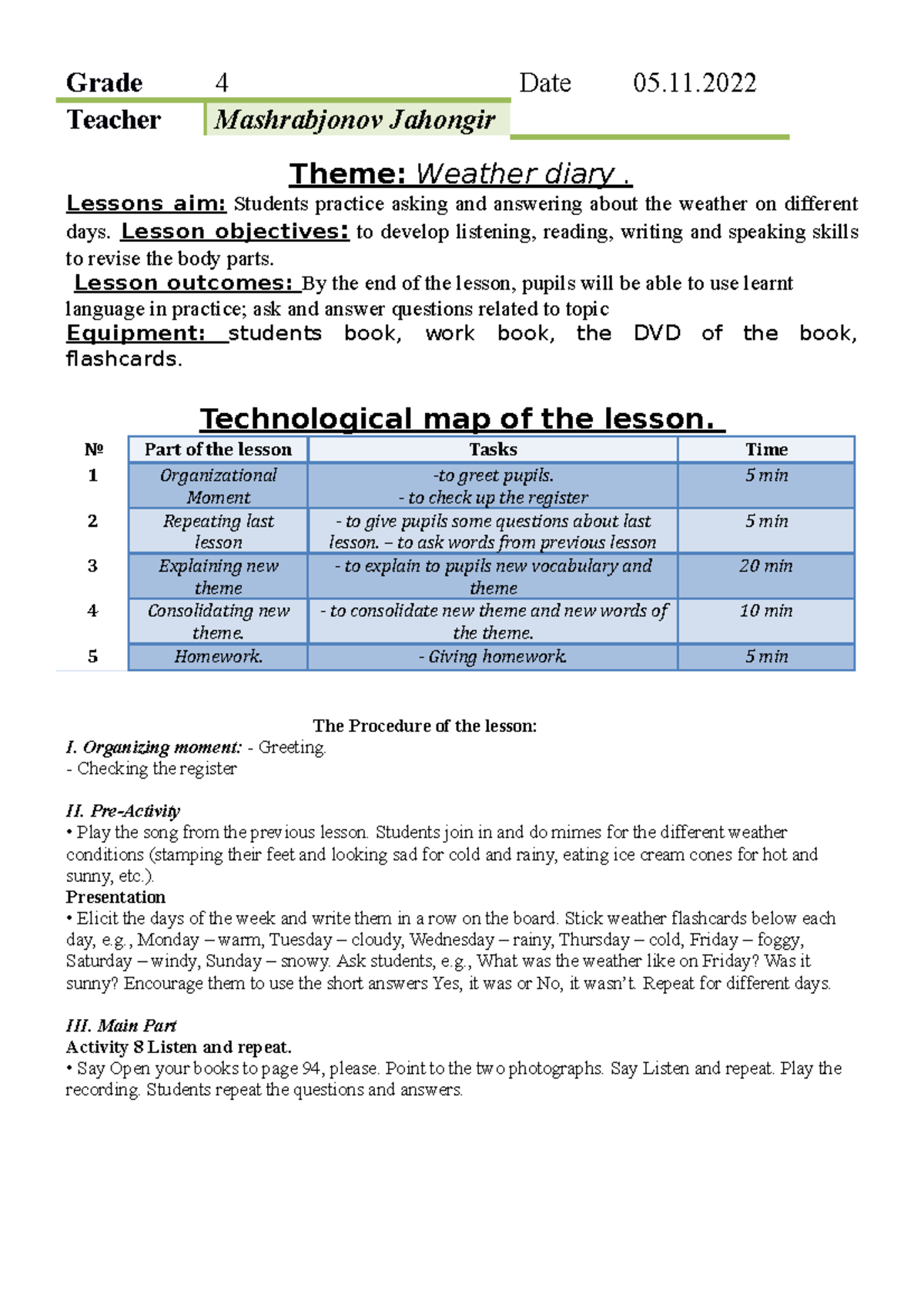 Jahongir - Lesson plan - Grade 4 Date 05. Teacher Mashrabjonov Jahongir ...