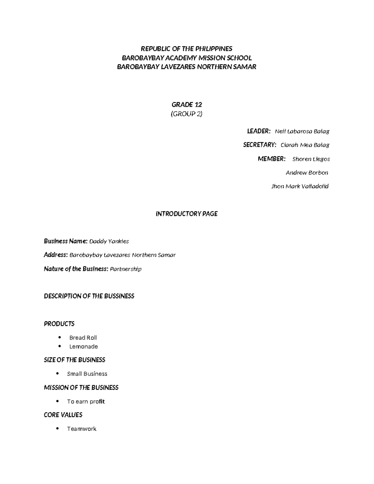 business plan entrepreneurship - REPUBLIC OF THE PHILIPPINES BAROBAYBAY ...