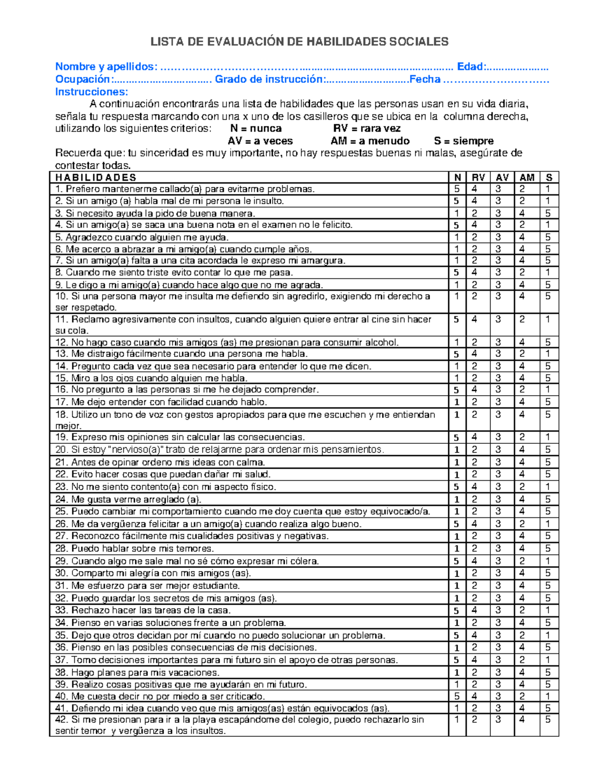 Testhabilidadessociales - LISTA DE EVALUACIÓN DE HABILIDADES SOCIALES ...