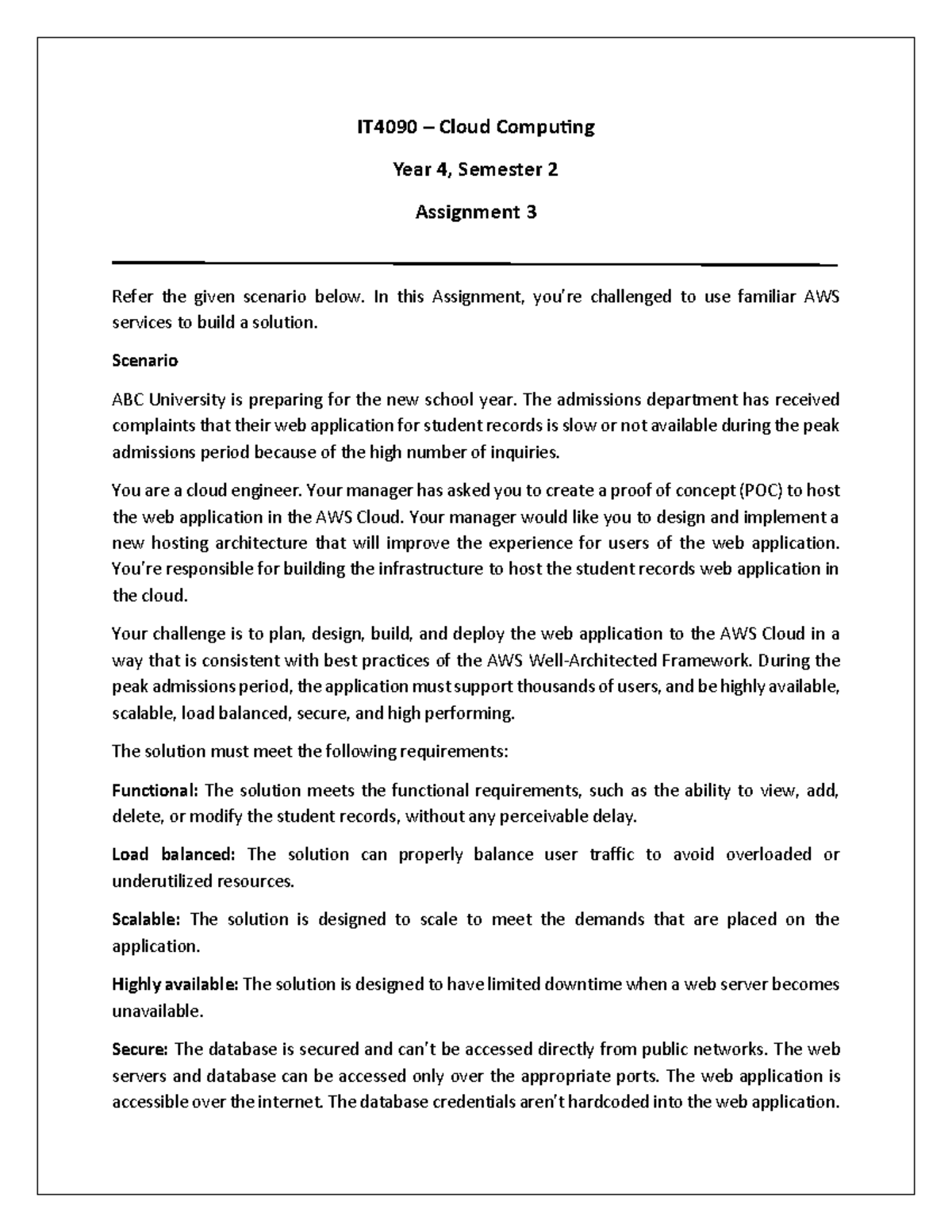 Assignment 3 - answe - IT4090 – Cloud Computing Year 4, Semester 2 Assignment 3 Refer the given ...