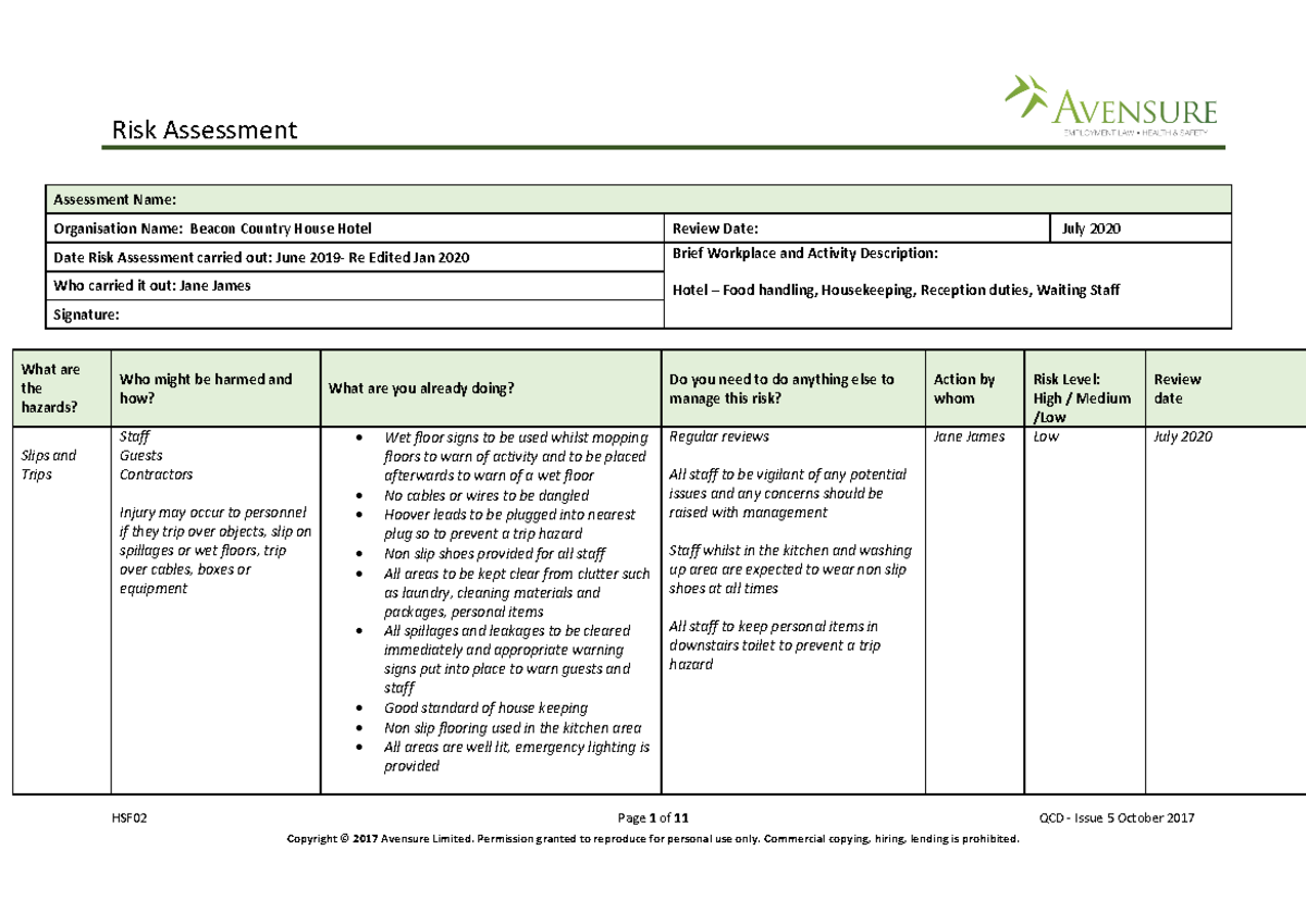 Risk Assesment Beacon Country House Hotel 2020 - HSF02 Page 1 of 11 QCD ...