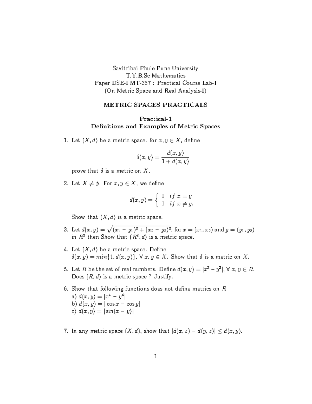 Metric space practical questions - Savitribai Phule Pune University T.Y ...