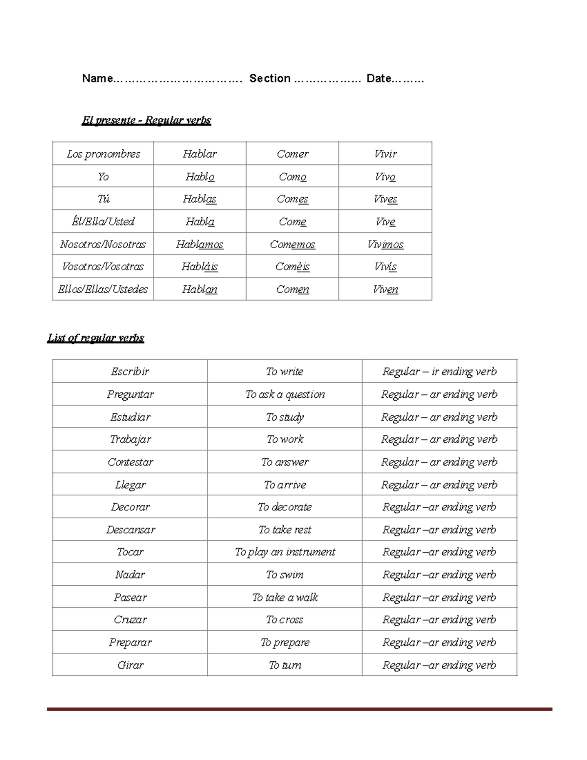Verb list - regular and stem changing - Name ...